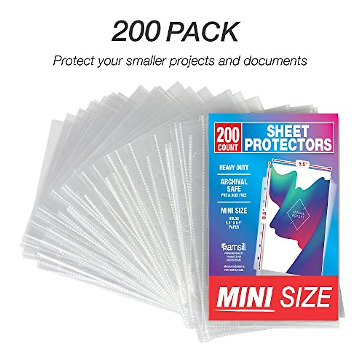 Samsill Mini Sheet Protectors 200 Pack, 5.5 x 8.5 Inch Page Protectors for Mini 3 Ring Binder, Heavy Duty, Clear Protector Sheets, 7 Hole, Top Loading, Acid Free