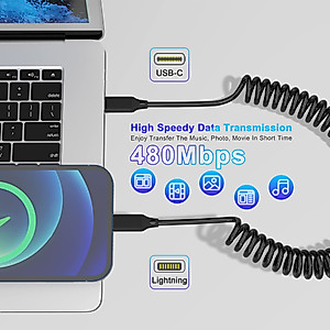 Bawanfa Coiled USB-C to Lightning Cable - MFi Certified Retractable USB C iPhone Cord - Short Charging Cable for Car Compatible with iPhone 13 12 11 Pro Max XR XS X (CarPlay Compatible)