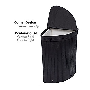 BirdRock Home Corner Laundry Hamper with Lid and Cloth Liner - Bamboo - Black - Easily Transport Laundry Basket - Collapsible Hamper - String Handles