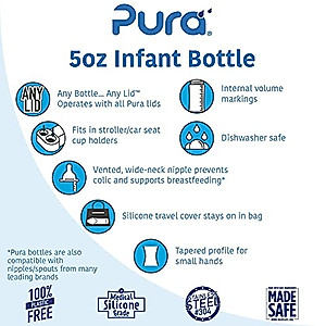Pura Kiki Newborn Baby Bottle Gift Set - BPA-Free, Stainless Steel, Anti-Colic, Silicone Starter Feeding for Breastmilk & Formula - Aqua & Gray, 0-18 Months