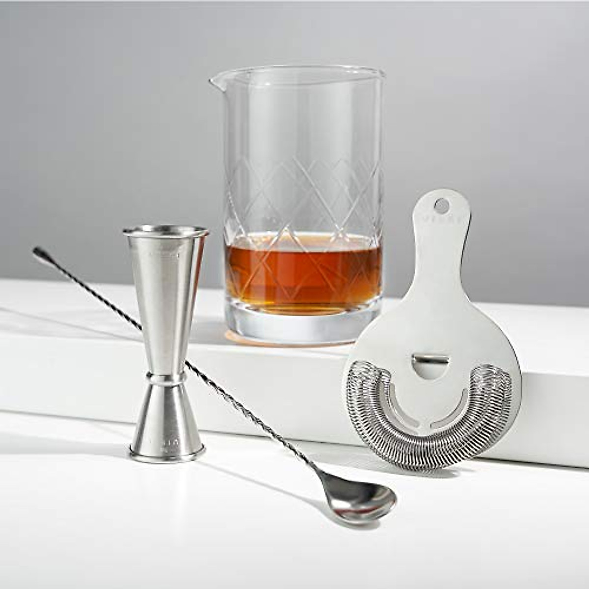 Viski Stainless Steel Bartender Set 4pcs Kit, Drink Mixers for Cocktails Gift Essentials: Mixing Glass, Hawthorne Strainer, Double Jigger and Barspoon, Silver