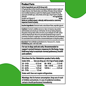 Pet Wellbeing Lung Gold for Dogs & Cats - Vet-Formulated - Lung & Respiratory Immune Support, Open Airways, Easy Breathing - Natural Herbal Supplement 4 oz (18 ml)