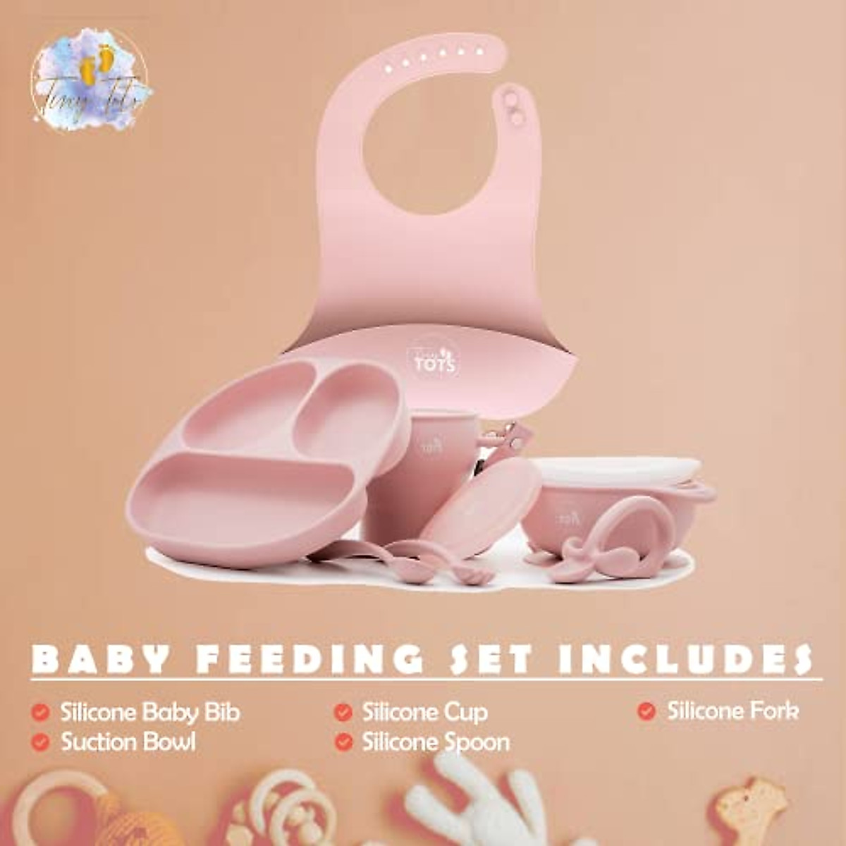 Tiny Tots - Baby Led Weaning Supplies - Feeding Essentials - Baby suction paltes & supplies: Bib, Suction Bowl & Suction Plate, Collapsible Cup, and Utensils - Easy to use feeding set (Pink)