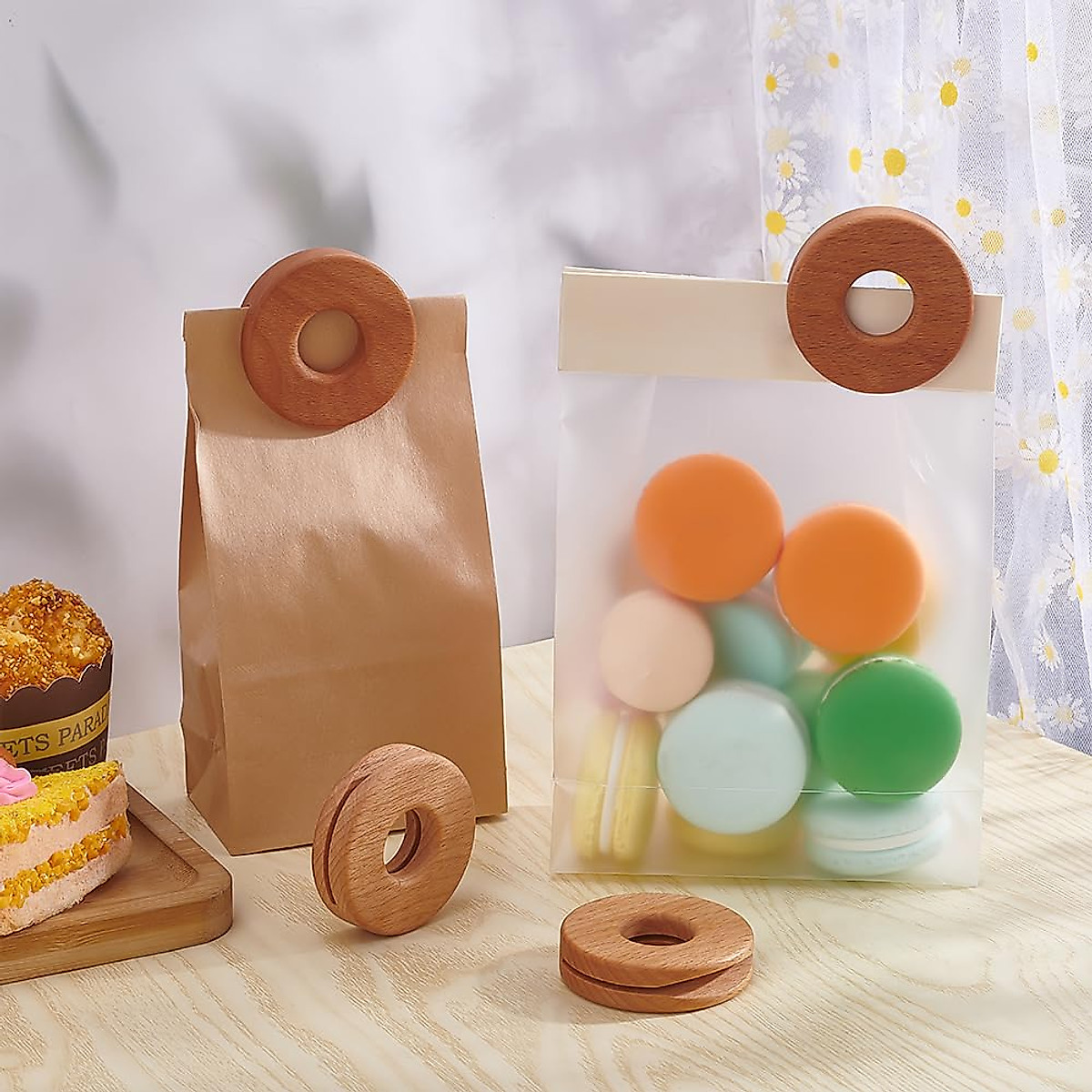 OLYCRAFT 4-Piece Beech Wood Donut Bag Clips - 2.1 Inch Dia Wooden Seal Clips for Food Storage & Snacks