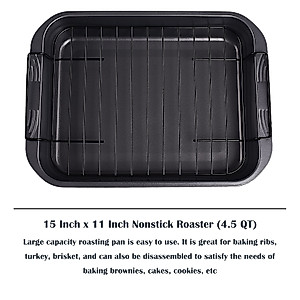 kitCom Bakeware Nonstick Roaster, Nonstick Roasting Pan with Rack, Great For Roast Chicken, Roasts And Turkeys - 15 Inch x 11 Inch (5.8 QT), Gray