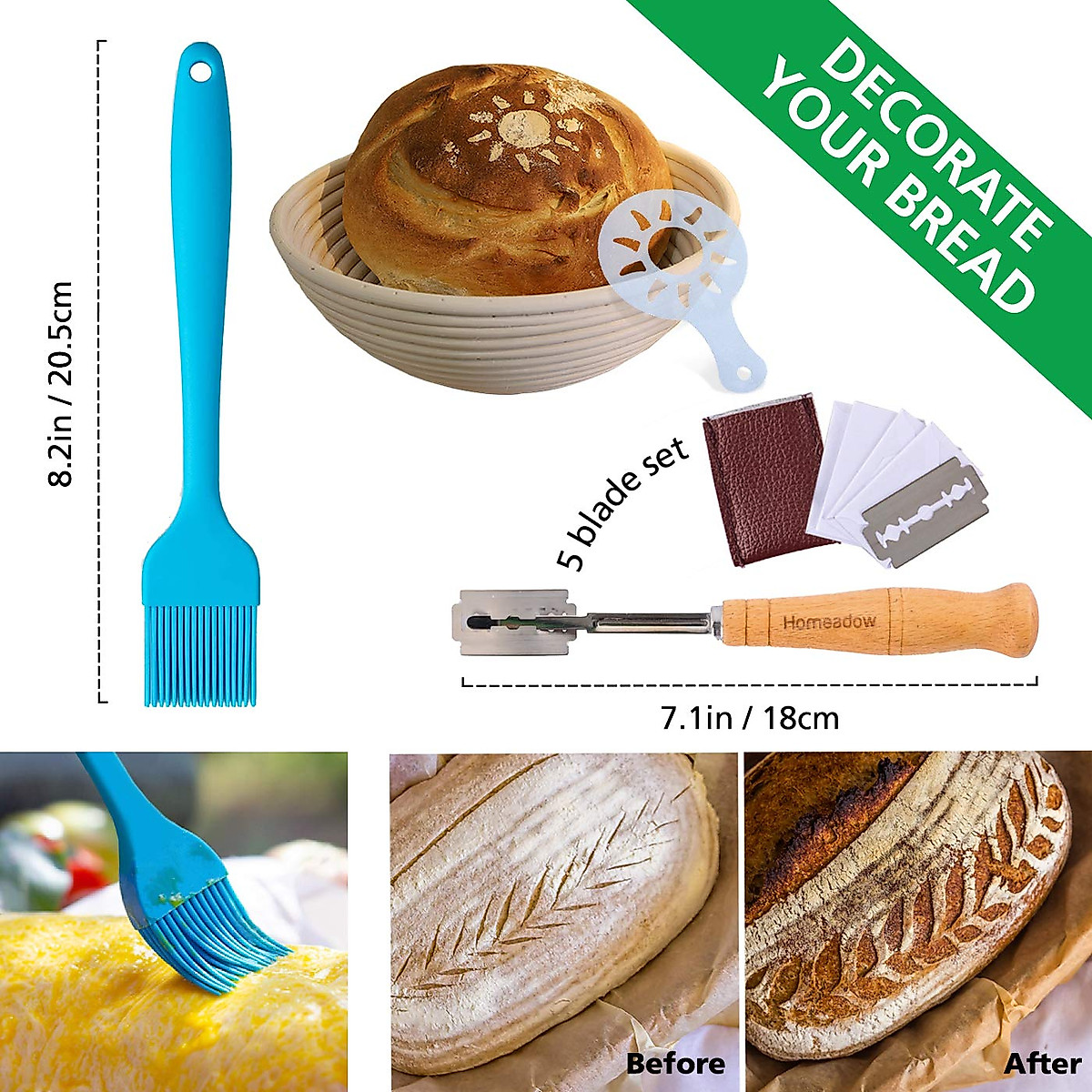 HOMEADOW Banneton Bread Proofing Basket - Perfect Gift - 11 Pcs Kit: 10' Oval + 9' Round Brotform, Liner, Bread Lame, Bench Scraper, Dough Scraper, Stencils, Baking Mat, Bread Bag, Brush | Sourdough