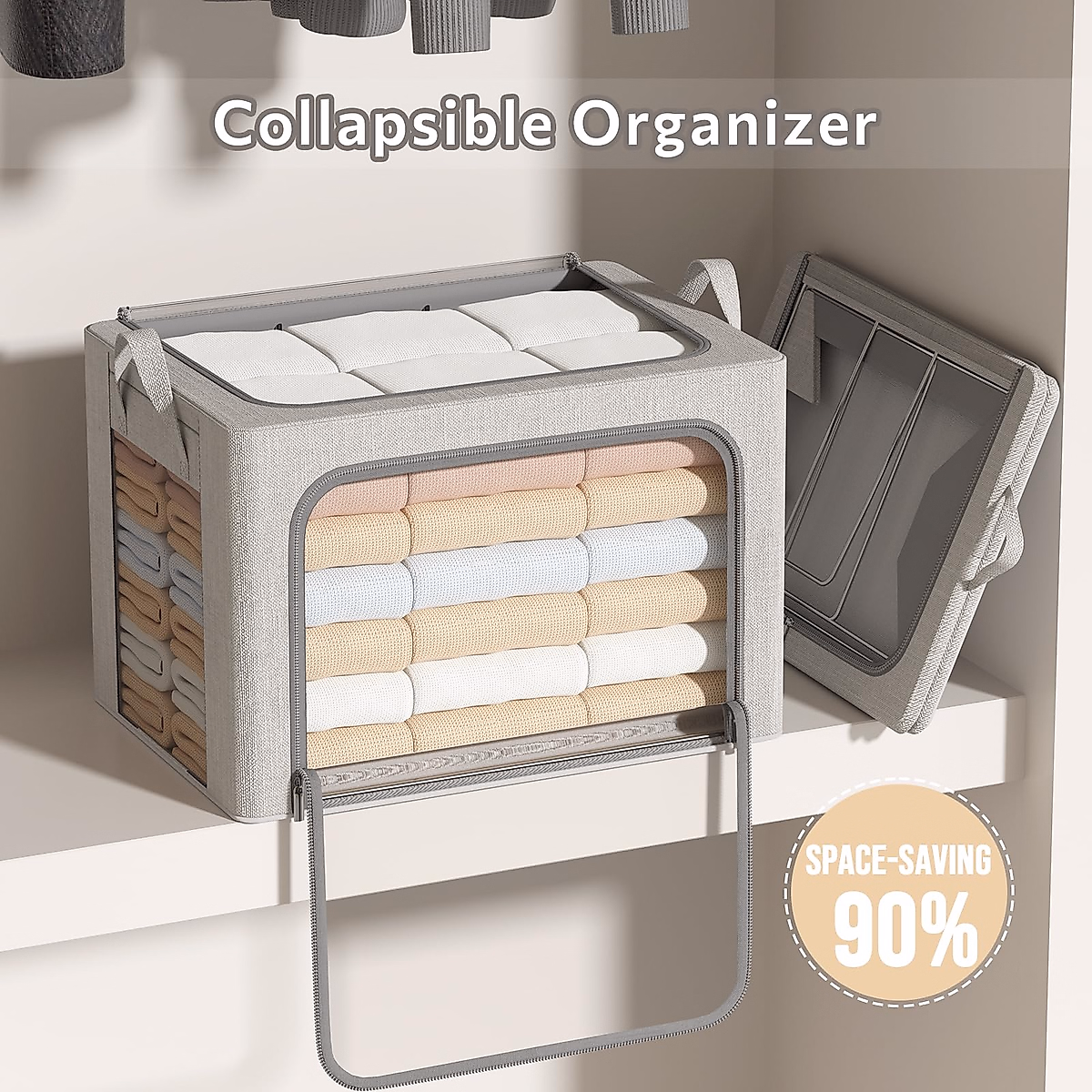 Clothes Storage Bins with Metal Frame-3 Pack Foldable Storage Organizer Bin for Clothes Linen Fabric Storage Box with Lid ＆Clear Window (Light Grey, 15.7x11.8x7.8inch(22L))