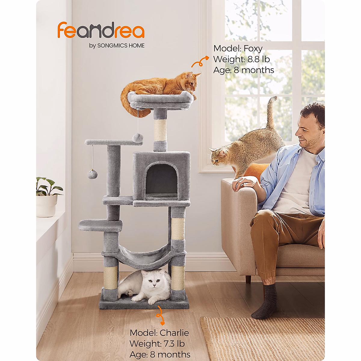 Feandrea Cat Tree, 44.1-Inch Cat Tower for Indoor Cats, Multi-Level Cat Condo with 4 Scratching Posts, 2 Perches, Hammock, Cave, Light Gray UPCT261W01