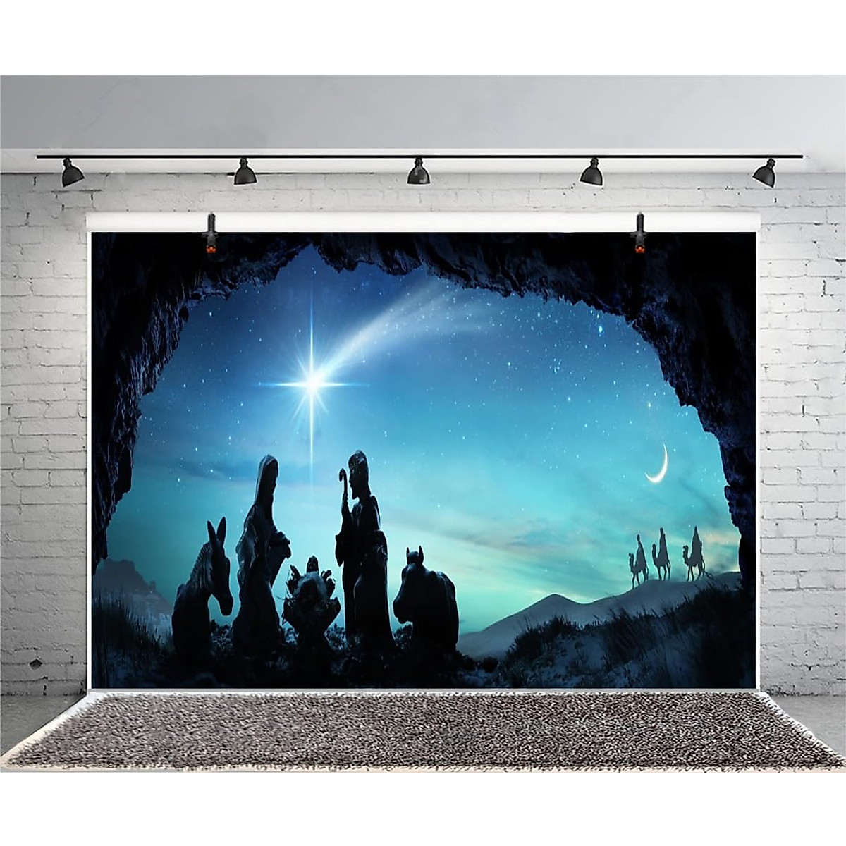 Leyiyi 10x8ft Merry Christmas Jesus Christ Nativity Backdrop Santa Marria Joseph Stone Cave Camels Donkey Cold Night Photography Background Baptism Happy New Year Photo Studio Prop Vinyl Wallpaper