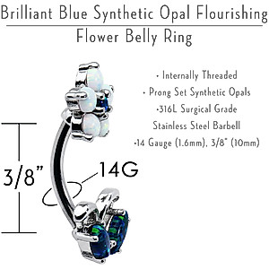 Body Candy Steel Clear Brilliant Blue Synthetic Opal Flourishing Flower Double Mount Belly Ring