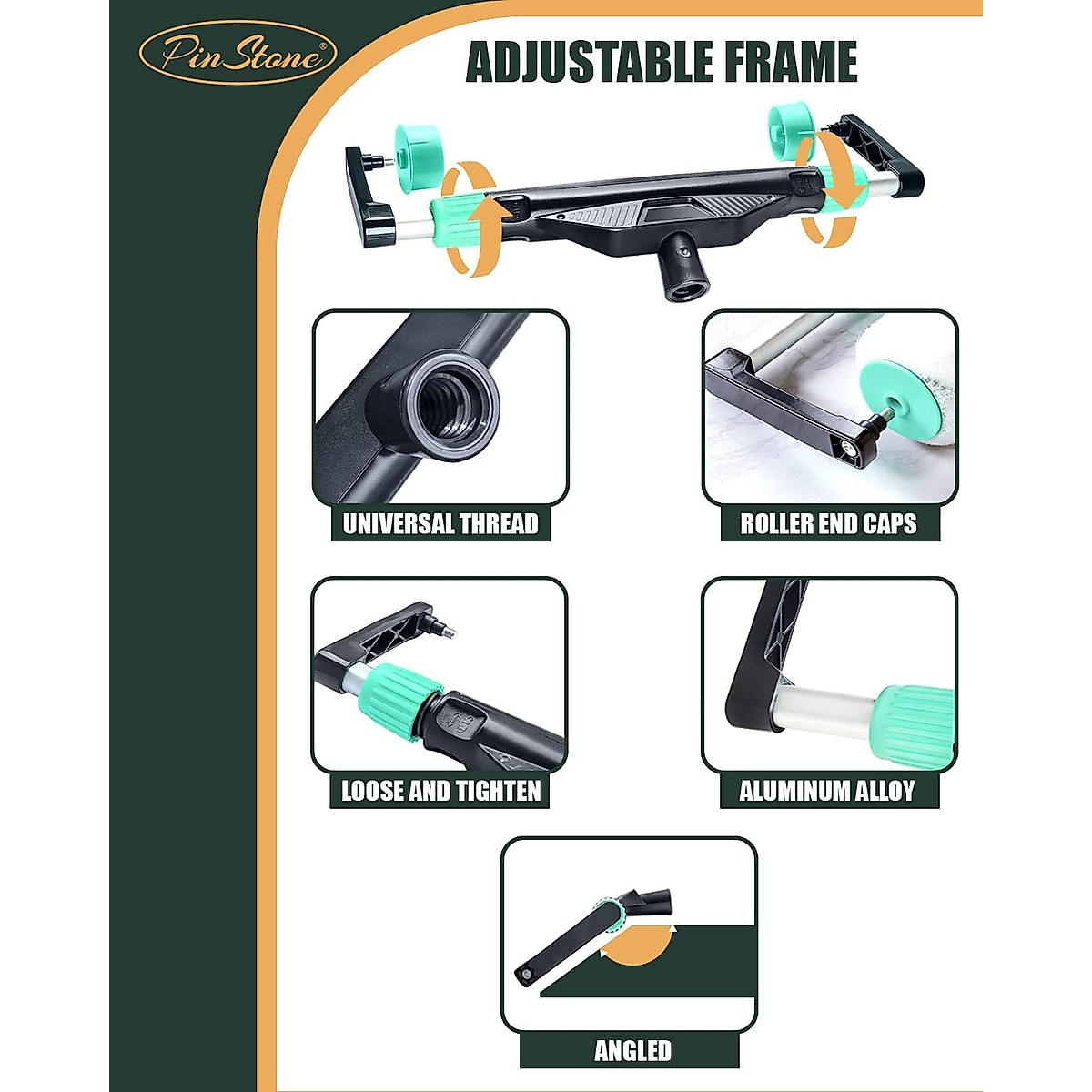 10pcs PinStone Large Paint Roller Kit, 12"-18" Adjustable Roller Frame, 1-5 Ft Steel Extension Pole, Ergonomic Handle, 3pcs 18" Nylon Roller Covers for Walls,Ceiling,Floor,Interior & Exterior Painting