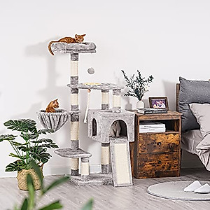 Heybly Cat Tree Cat Tower for Indoor Cats Multi-Level Cat Furniture Condo with Feeding Bowl and Scratching Board Light Gray HCT010W