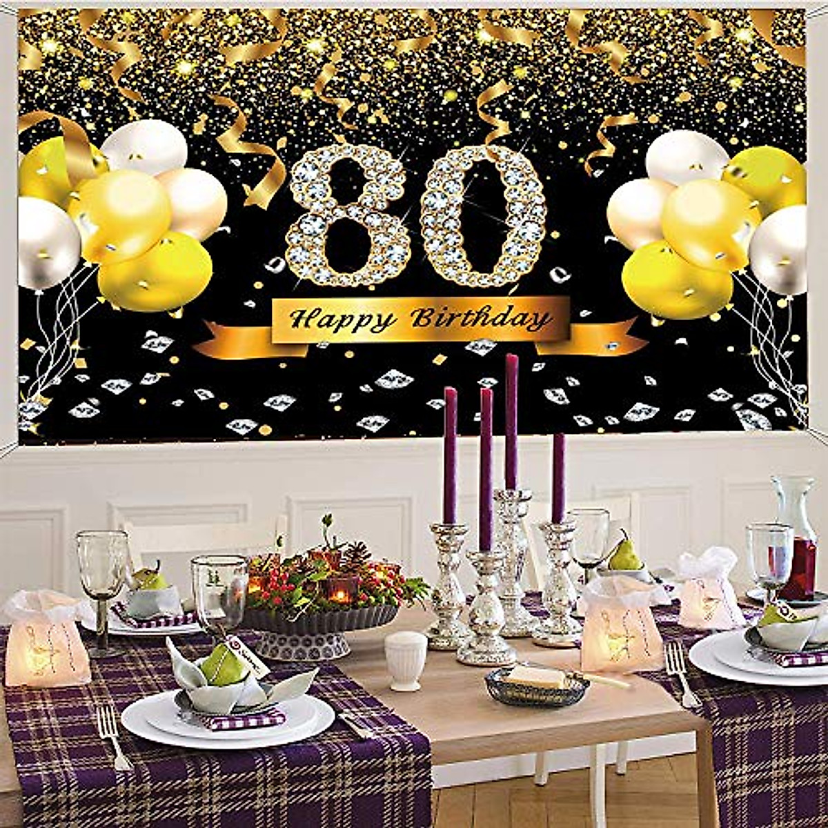 Trgowaul 80th Birthday Party Decoration, Extra Large Black Gold Sign Poster 80th Birthday Party Supplies, 80th Anniversary Backdrop Banner Photo Booth Backdrop Background Banner, 70.8 x 43.3 Inch