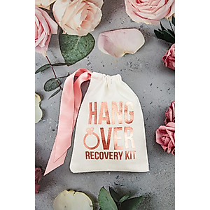 MEJOY 10pcs Wedding Party Favor Bags,Rose Gold Foil Gift Bags,HANGOVER Bags, Hangover Kit Bags for Bridal Shower Bachelorette Recovery Kit Bags Cotton Muslin Drawstring Bag (ROSE RING, 5"x7")