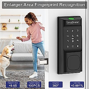 Secustone Smart Lock - Fingerprint Door Lock - Keyless Entry Door Lock - Smart Deadbolt Lock for Front Door with 2 Backup Keys, Door Lock with Keypad - 5 in 1 Auto Lock - Black