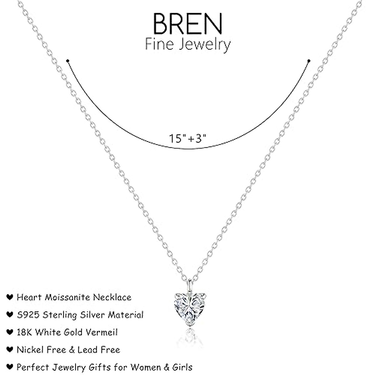 BREN Heart Necklace for Women, 1ct Moissanite Solitaire, Sterling Silver, White Gold Plated, 15"+3" Chain for Women, Moms, Lovers