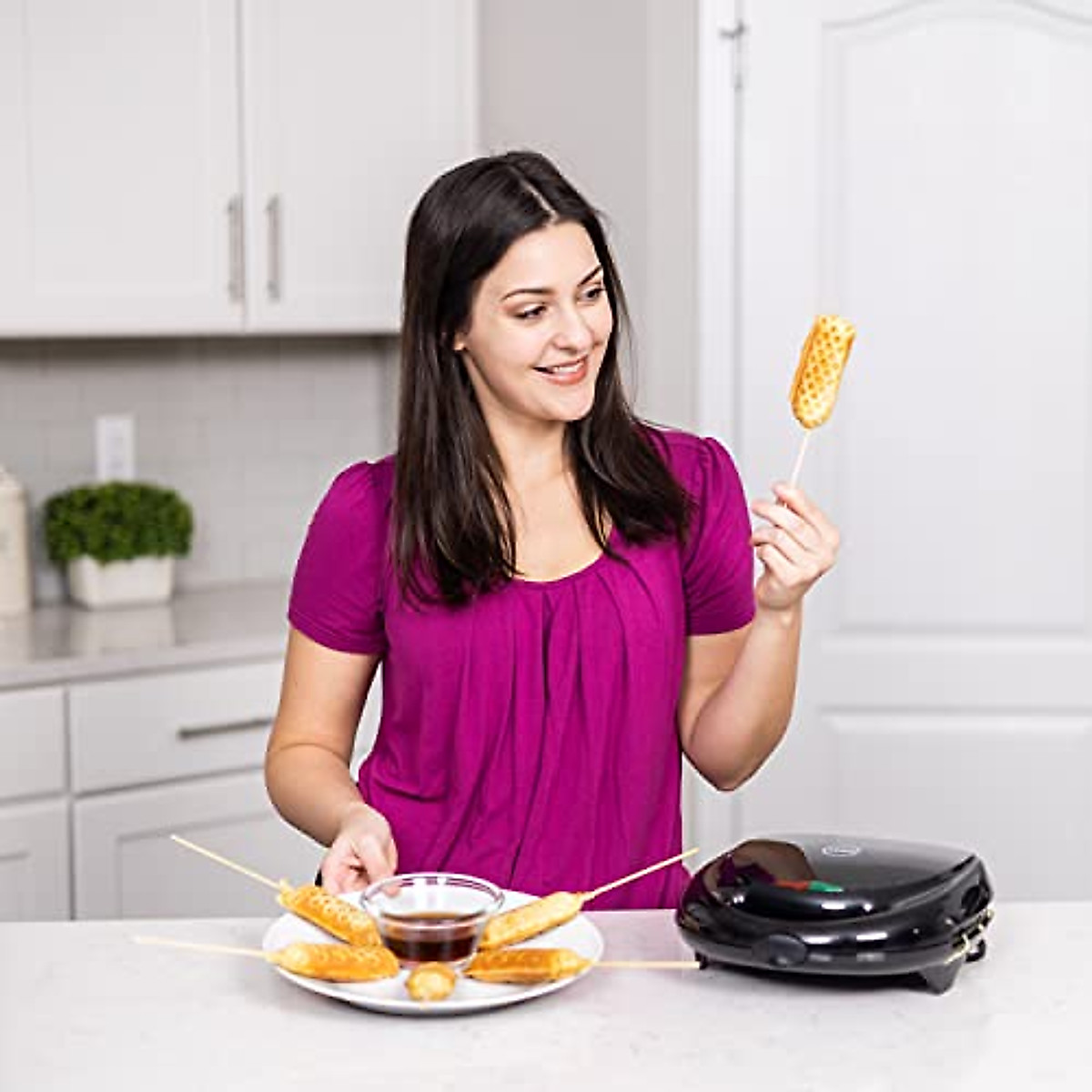 Lumme Waffle Corn Dog Maker Cheese on a stick, Corn Dog Sticks Included, Family Fun experience quick and easy mix any batch 6 corn dog maker non-stick Plate perfect for birthday parties Black