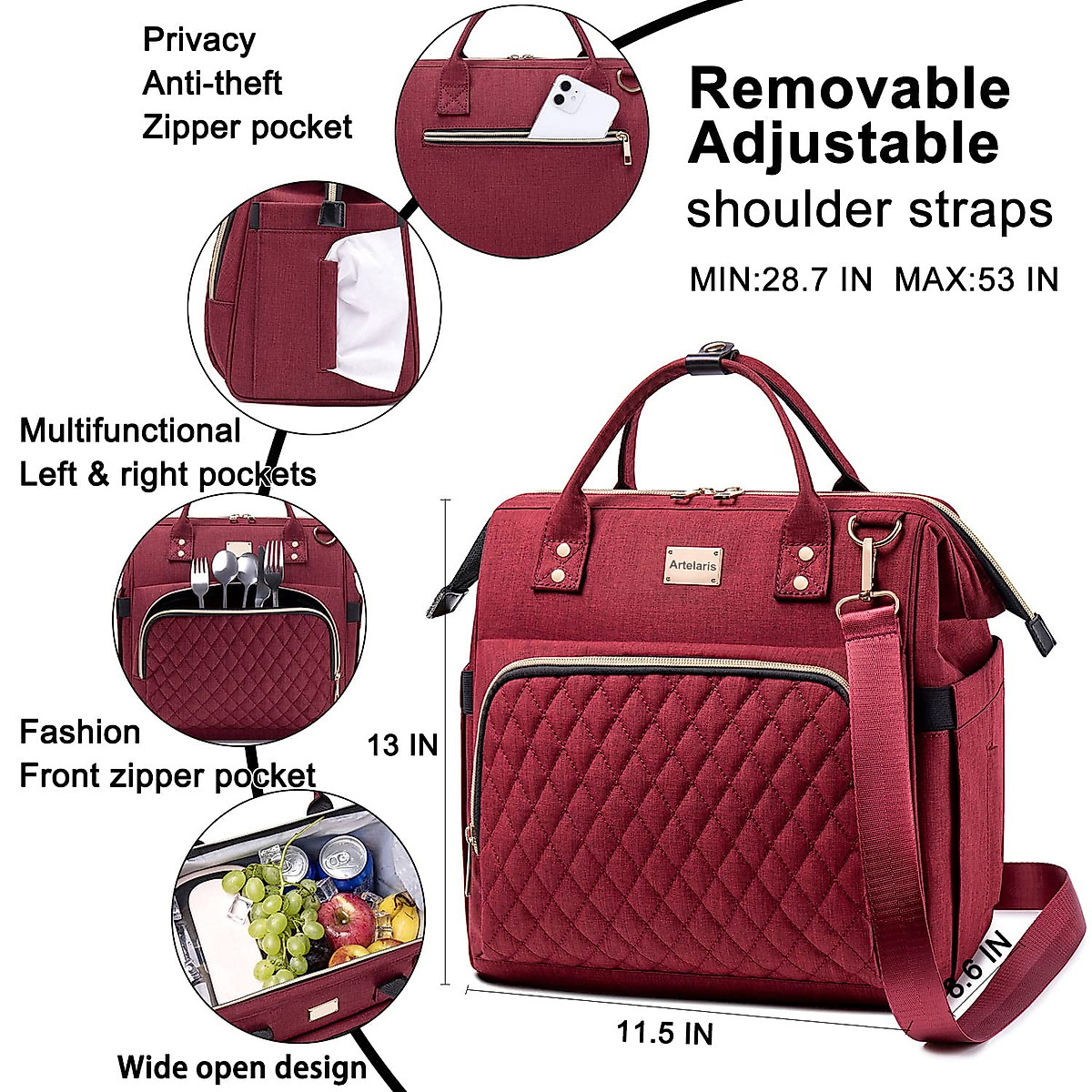 Artelaris Lunch Bags for Women, Insulated Lunch Bag, Large Leak Proof Lunch Cooler Bag, Lunch Tote Bag for Work, Meal Prep Lunch Box for Women, Red and Grey