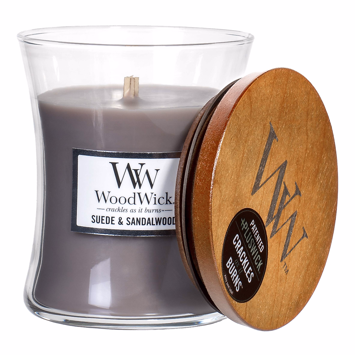 WoodWick Suede & Sandalwood Scented Hourglass Crackling Wooden Wick Candle in Clear Glass Jar, Medium - 9.7 Oz