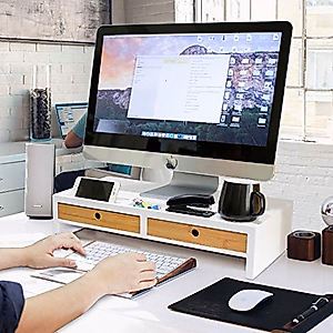 Computer Monitor Stand with Drawers - White Wood Laptop Screen Printer TV Riser 22.05L 10.60W 4.70H inch, Desk Organizer in Home&Office