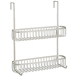 mDesign Extra Wide Stainless Steel Bath/Shower Over Door Caddy, Hanging Storage Organizer 2-Tier Rack with Hook and Basket, Holder for Soap, Shampoo, Loofah, Body Wash, Hyde Collection, Matte Satin
