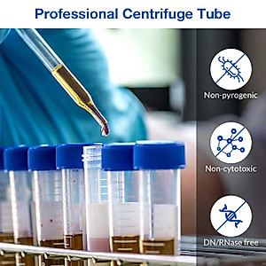 SimPure Centrifuge Tubes 15mL, Conical Tubes Sterile 50 PCS, Polypropylene, Leak-Proof Screw Caps, Plastic Container with Graduated and Write Marks, Non-pyrogenic, DNase/RNase Free, Human DNA-Free