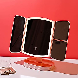 Folding Makeup Mirror Foldable Adjustable Stable Base Desktop 3-Sided Folding Makeup Mirror with Light Household Supplies Pink