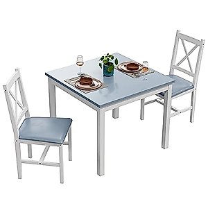 Alohappy Dining Table Set for 2, 3 Piece Kitchen Table and Chairs Set Pine Wood Dining Table with 2 Upholstered Chairs for Small Space, Apartment, Space-Saving & Easy Assembly (Blue)