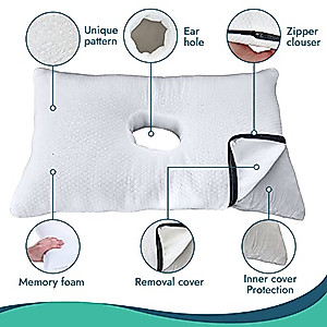 Holey Pillows Ergonomic Firm Memory Foam Ear Pillow with Ear Hole | 50x30cm | for Side Sleepers, Ear Pain & Post-Piercing Relief | Ideal for Chondrodermatitis CNH | Firm Support