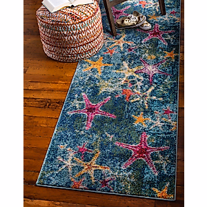 Unique Loom Positano Collection Coastal Modern Bright Colors Starfish Navy Blue Runner Rug (3' x 10')