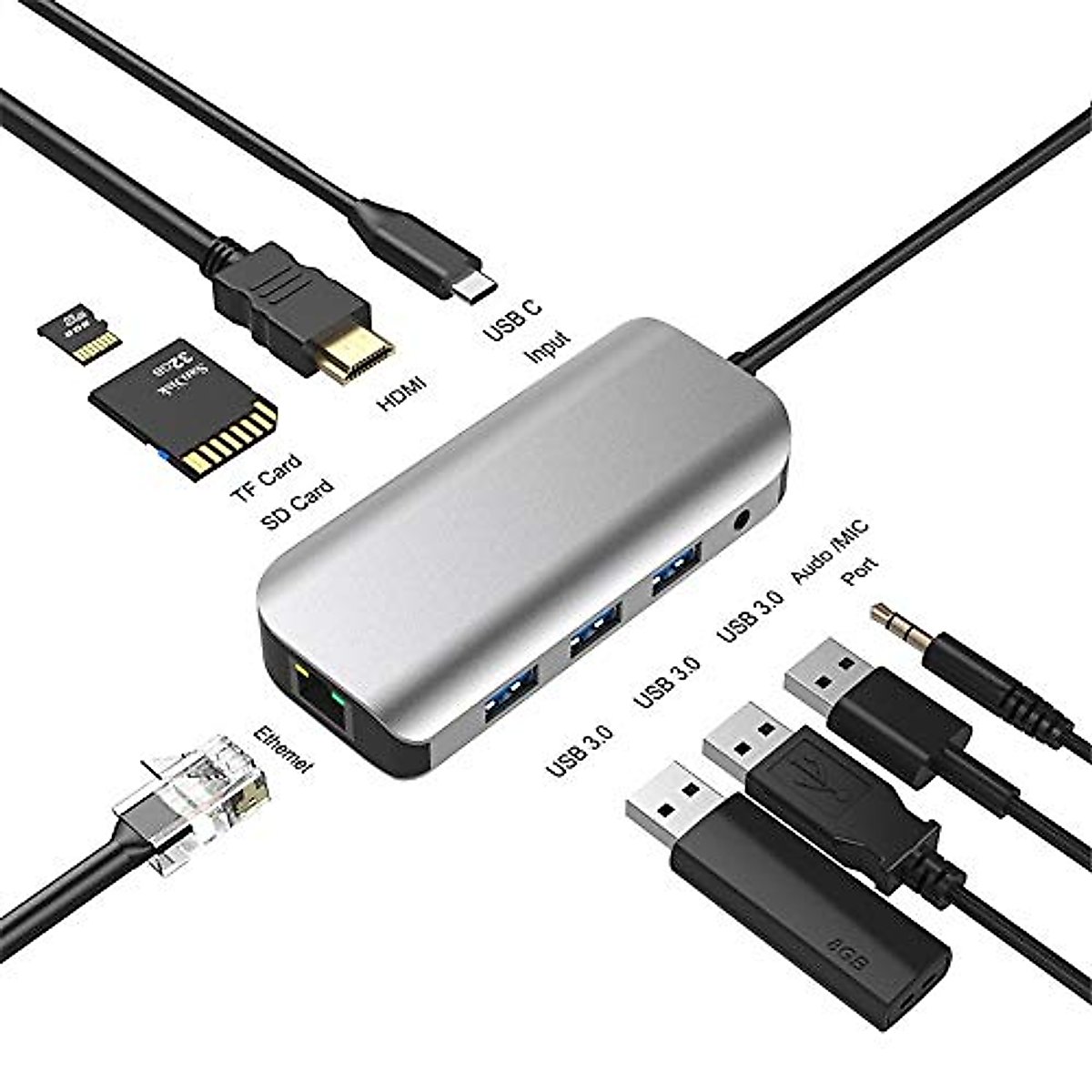 ZPLJ High-Speed 9 in 1 Hub with Ethernet Port 4K HDMI 3 USB 3.0 and USB-C Power Delivery 3.5mm Audio Support SD TF Card Reader Compatible for Flash Drive Laptops USB Hub Adapter Portable