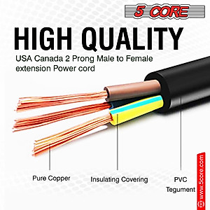 5 Core AC Power Cord 15 Ft • 2 Prong Extension Adapter • 16AWG/2C 125V 13A • US Polarized Male to Female Outlet Extension Cable Black- EXC BLK 15FT