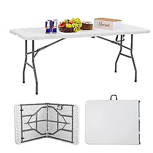 FDW Folding Tables, Plastic 6ft Folding Table,Half Portable Foldable Table for Parties, Backyard Events,White