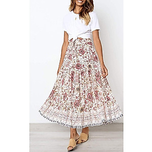 MEROKEETY Women's Boho Floral Print Elastic High Waist Pleated A Line Maxi Skirt White