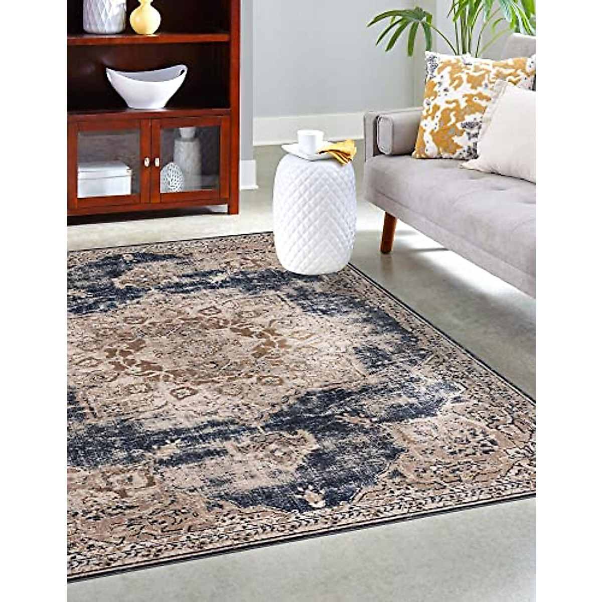 Unique Loom Chateau Collection Vintage, Distressed, Medallion, Rustic, Traditional Area Rug, 9' 0" x 12' 0", Beige/Navy Blue