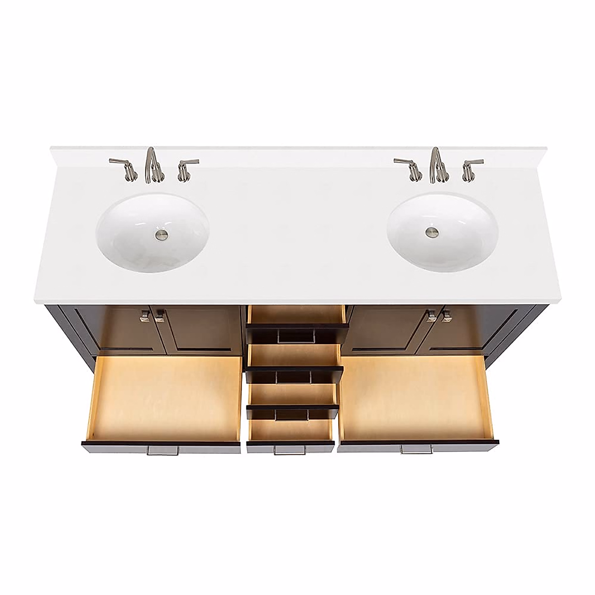 ARIEL Double Bathroom Vanity 73" Espresso with 1.5" Edge Pure White Quartz Countertop & Backsplash, Center Oval Sinks, 4 Soft Closing Doors, 6 Full Extension Dovetail Drawers, Brushed Nickel