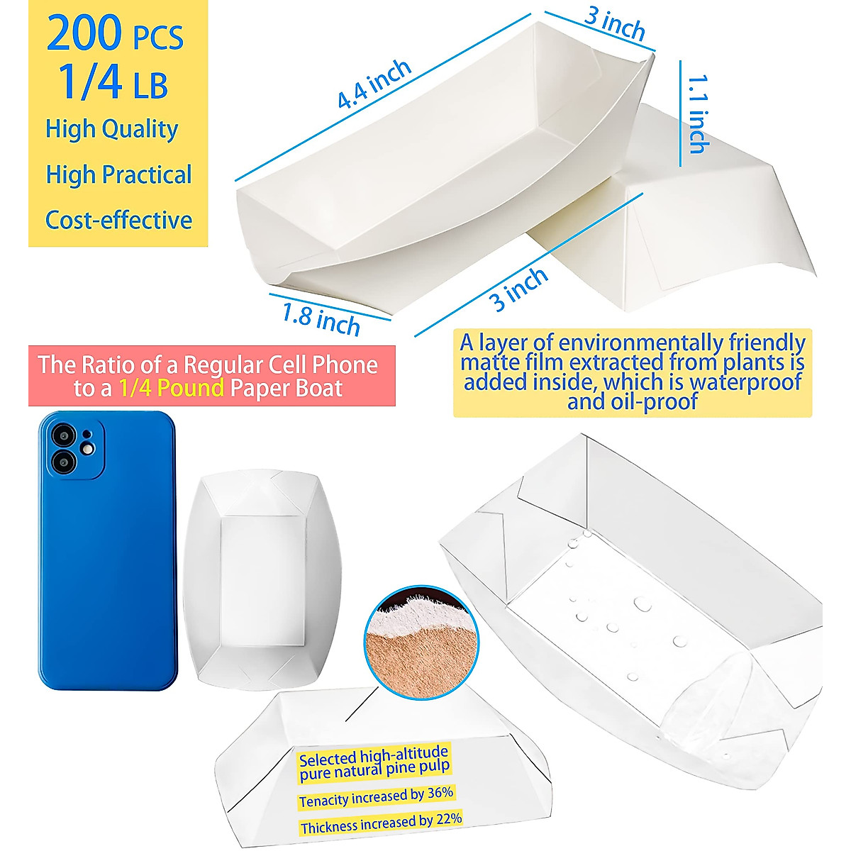 MotBach 200 Pack Small Paper Food Boats, 1/4 Lb Disposable Kraft Food Trays, Take Out Paper Boats, Food Serving Trays, Grease Resistant Paper Trays for Party Fries Popcorn Nachos Snacks Tacos, (White)