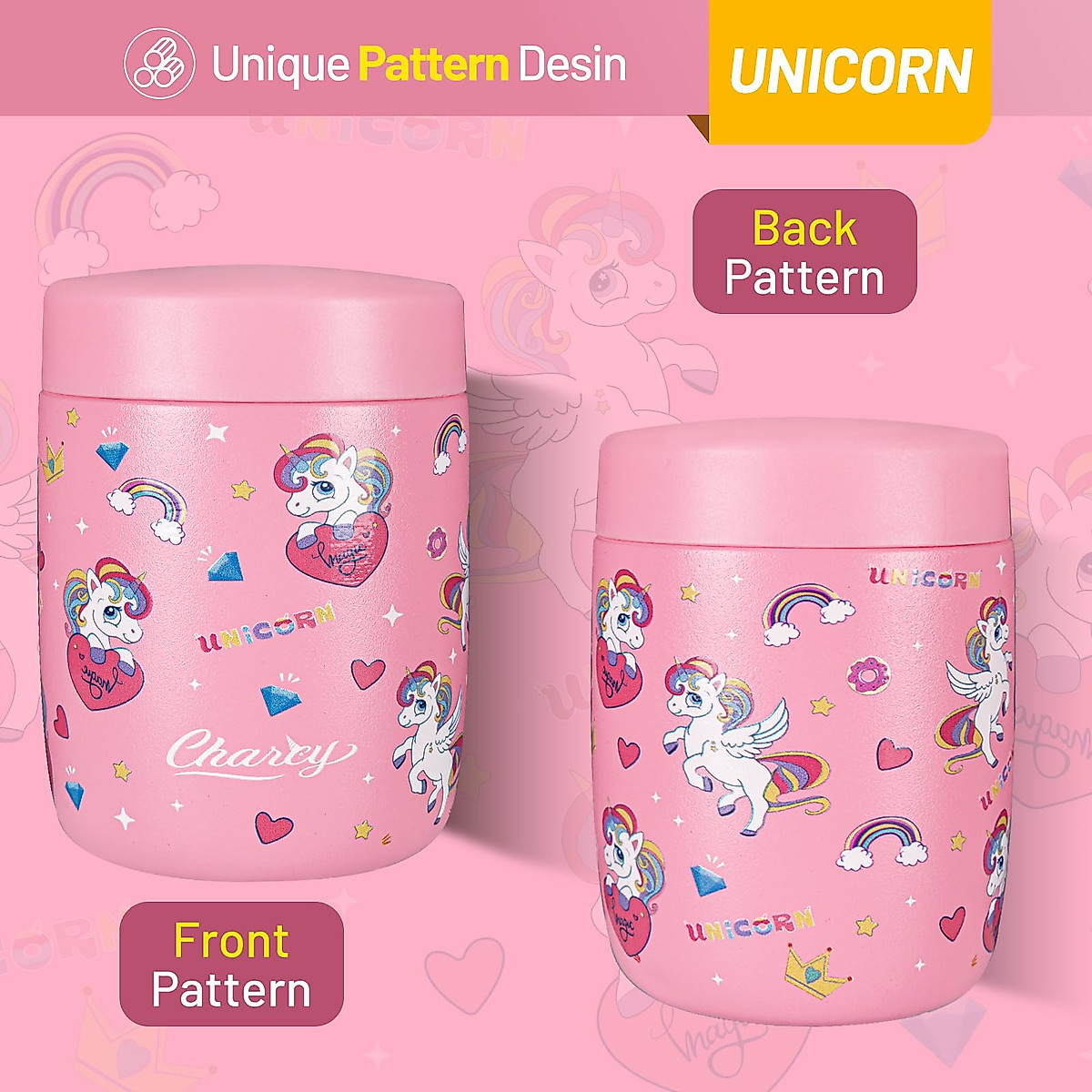 Charcy 9oz Stainless Steel Vacuum Insulated Kids Food Jar - Soup Thermo for Hot & Cold Food - Magenta Unicorn
