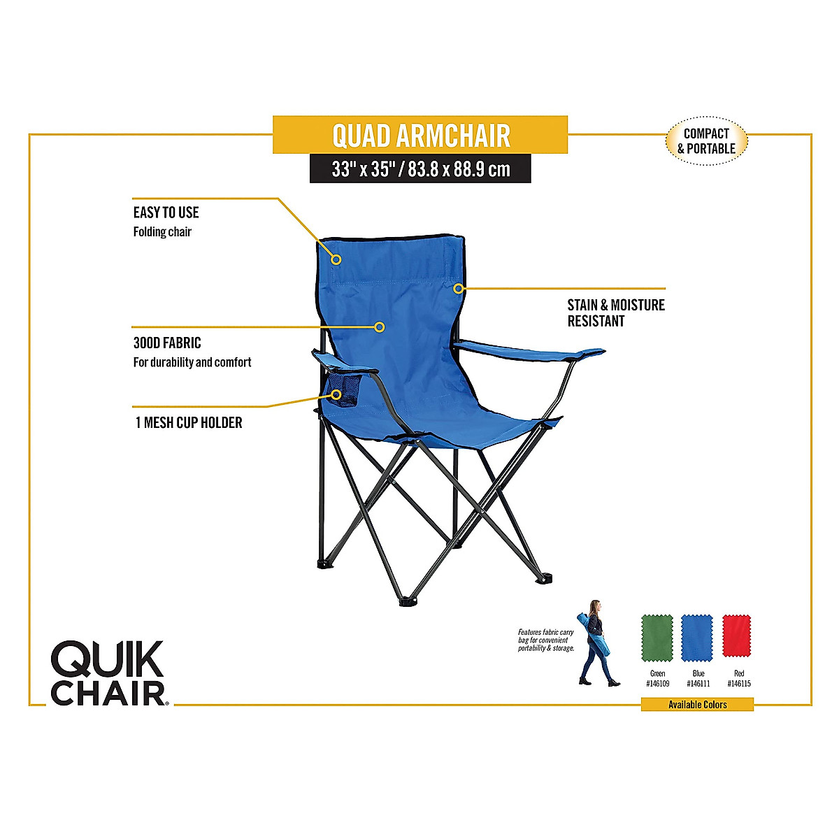 Quik Chair Portable Folding Chair with Arm Rest Cup Holder and Carrying and Storage Bag, Blue