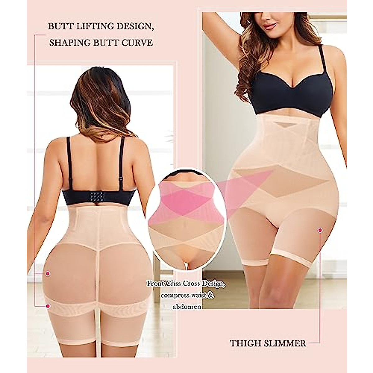 Nebility Women Butt Lifter Shapewear Hi-Waist Double Tummy Control Panty Waist Trainer Body Shaper (L, Beige-Mid Thigh)