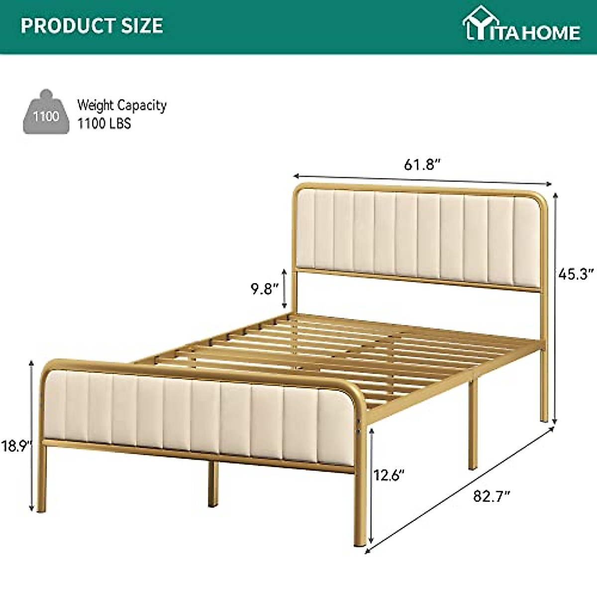 YITAHOME Queen Size Bed Frame, Velvet Bed Frame with Upholstered Headboard, Strong Metal Slats Support Platform Bed, No Box Spring Needed, Gold & Beige