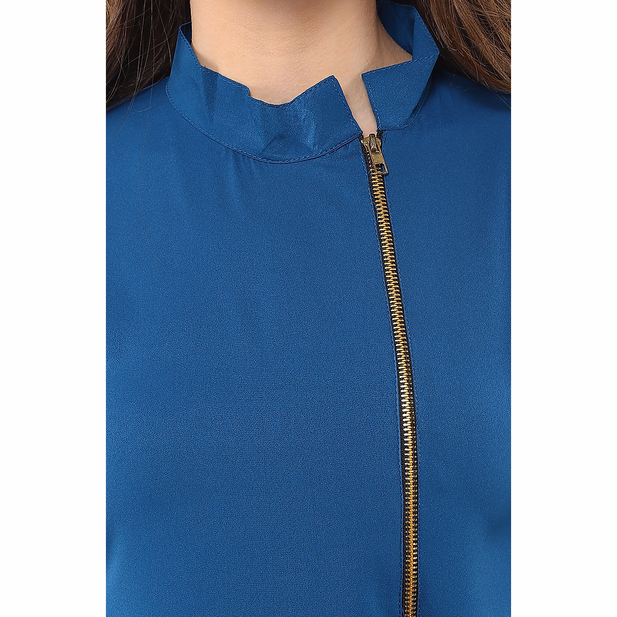 Janasya Women's Crepe Kurti Tunic Tops,Blue,Large,Blue,Large