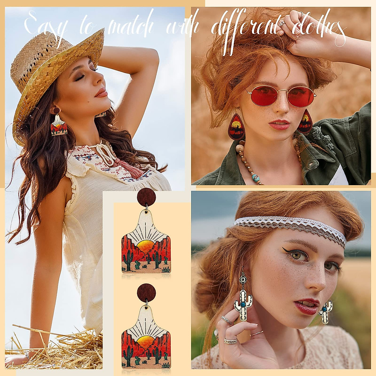 20 Pairs Boho Western Earrings Set Western Teardrop Dangle Earrings Vintage Cow Print Leather Bohemian Turquoise Wood Jewelry for Women