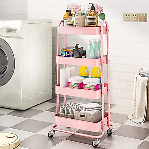 SAYZH 4-Tier Metal Utility Rolling Cart, Durable Multifunction Cart with Rotating Lockable Wheels, Easy to Assemble, Suitable for Office, Bathroom, Kitchen, Garden (Pink)
