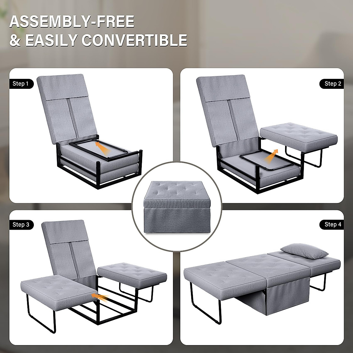 TC-HOMENY Sofa Bed with Pillow, 4 in 1 Multi-Function Adjustable Backrest Sleeper Chair Bed, Soft and Thick Sponge Cushion with Convertible Sofa Chair