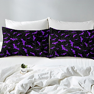 Purple Glitter Bat Duvet Cover Set Full Size Spider Web Bedding Set 3Pcs Happy Halloween Theme Comforter Cover for Kids Boys Girls Teens Room Decor Fashion Gothic Black Quilt Cover,2 Pillowcases