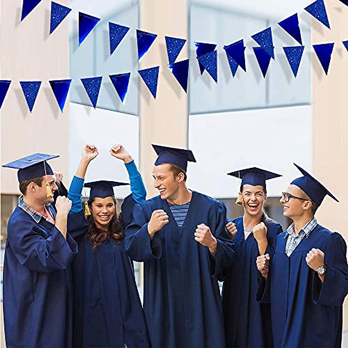 30 Ft Navy Blue Party Decorations Royal Blue Metallic Glitter Paper Triangle Banner Flag Garland Pennant Bunting for Birthday Baby Shower Graduation Ahoy Achor Nautical Pirate Theme Party Supplies