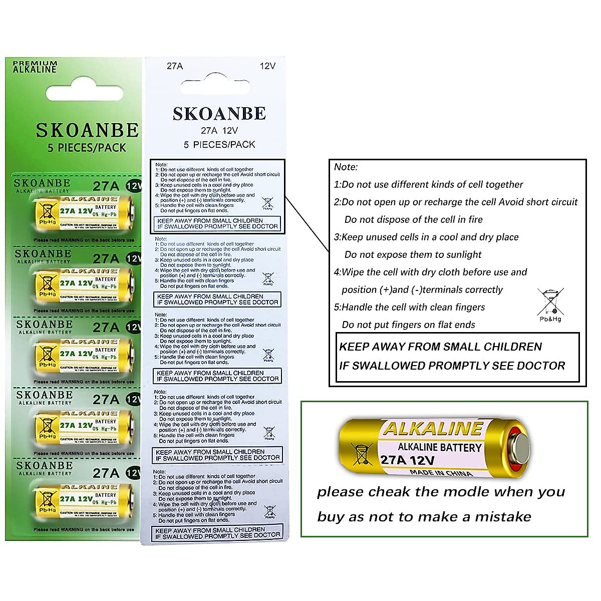 SKOANBE 27A 12V Alkaline Battery-Pack of 5