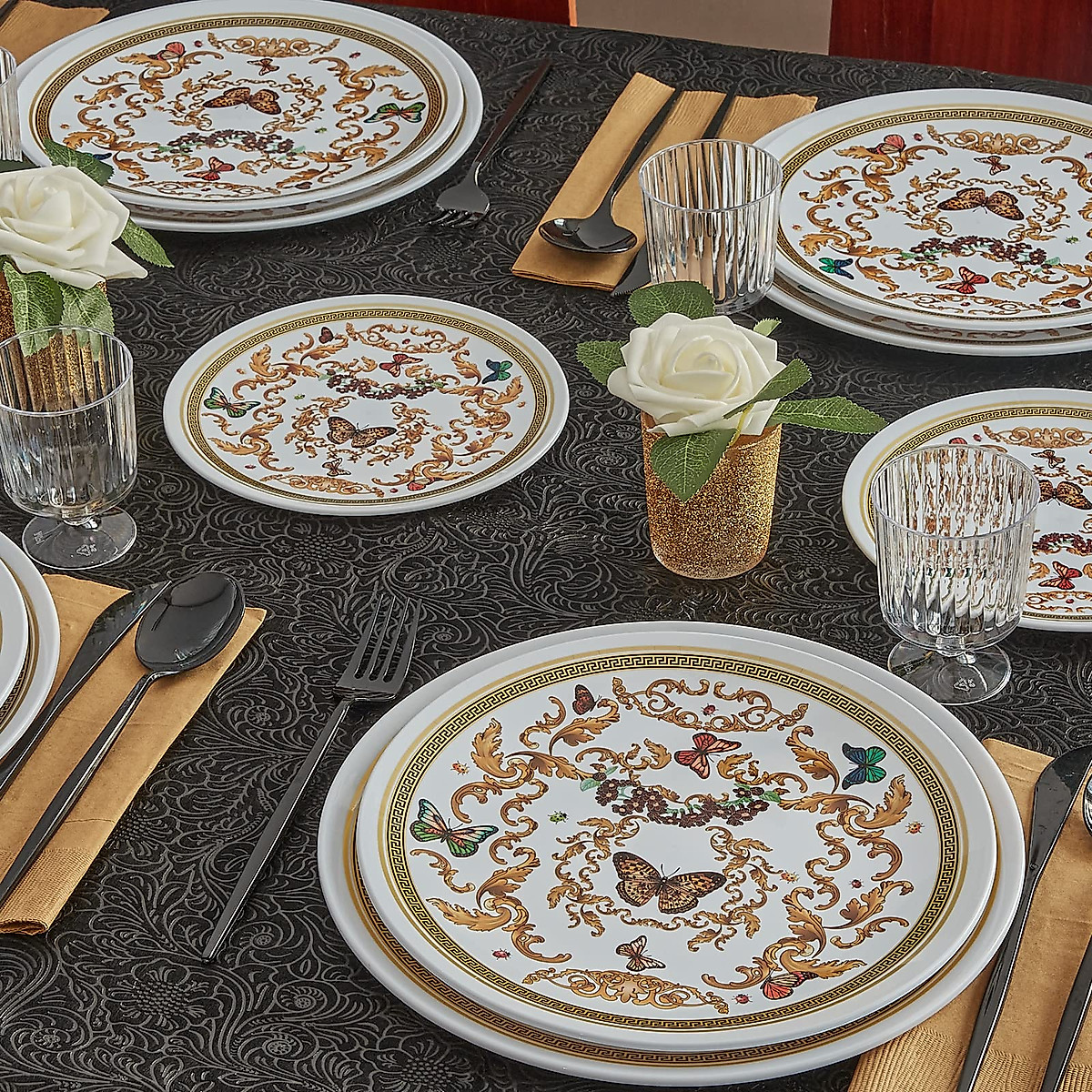 White and Gold Plastic Dessert Plates for Party (10 PC) Heavy Duty Disposable Dinner Set 7.5", Fine China Look Dishes for Baby Showers, Birthdays, Weddings, Holidays & Events - Versi Collection