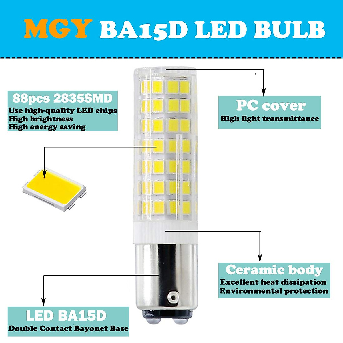G MGY OLED BA15D LED Bulb, Dimmable BA15D LED Light Bulb, 60W Halogen Bulb Equivalent, 6W, AC120V, Double Contact Bayonet Base (White6000K, 4) …